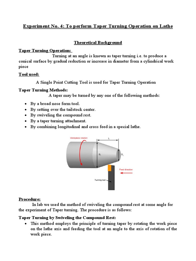 Experiment No. 4: To Perform Taper Turning Operation On Lathe | PDF ...