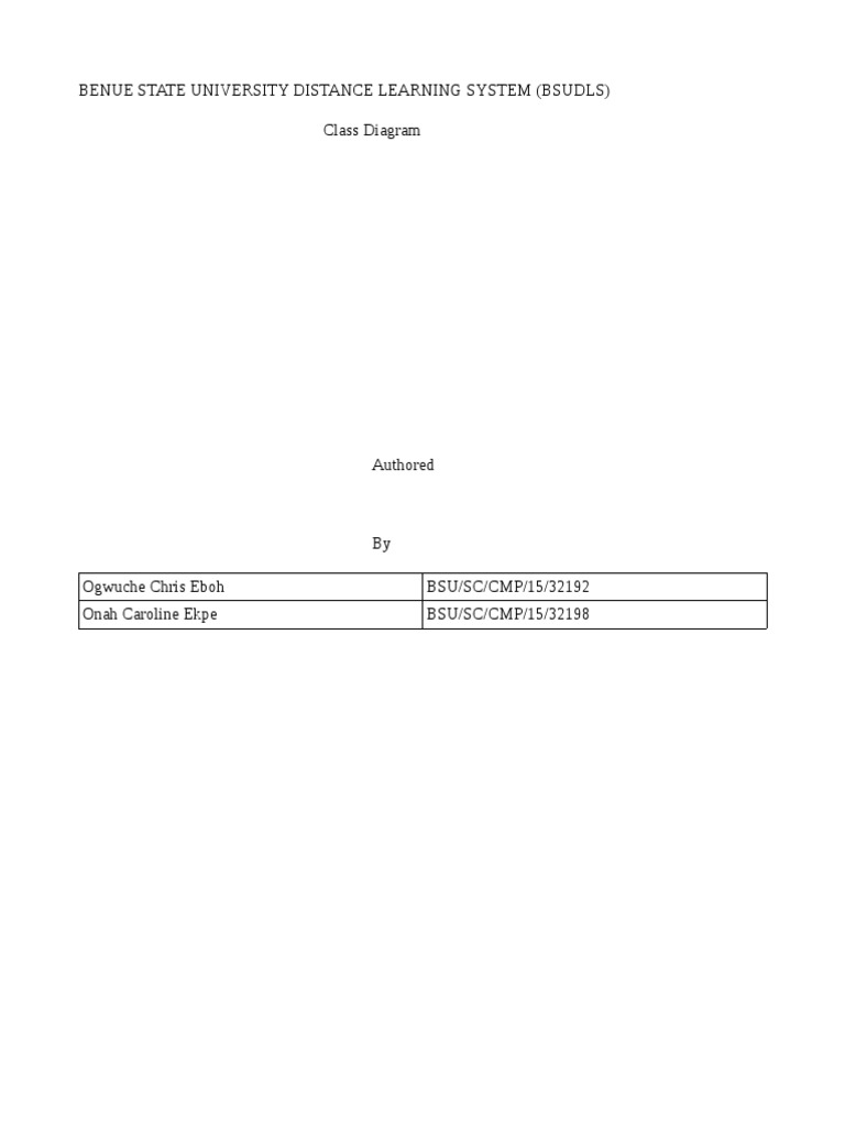 Benue State University Distance Learning System (Bsudls) Class Diagram ...