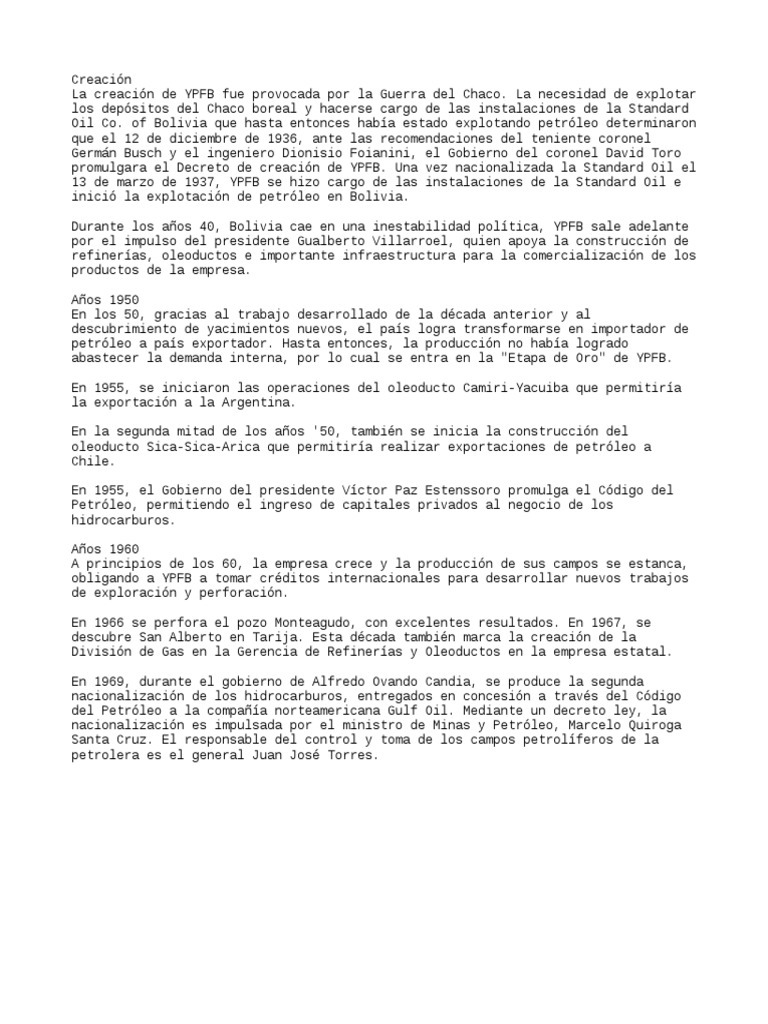 La historia de YPFB: de la creación a la nacionalización | PDF ...