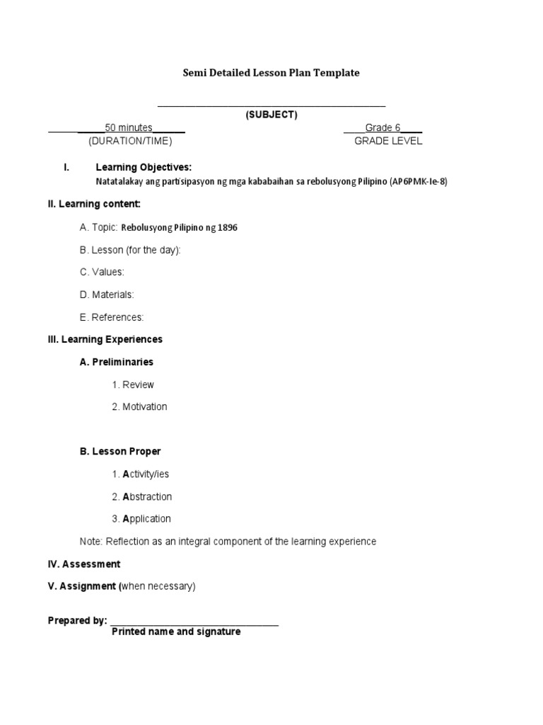SEMI DETAILED LESSON PLAN TEMPLATE Grade 6 | PDF