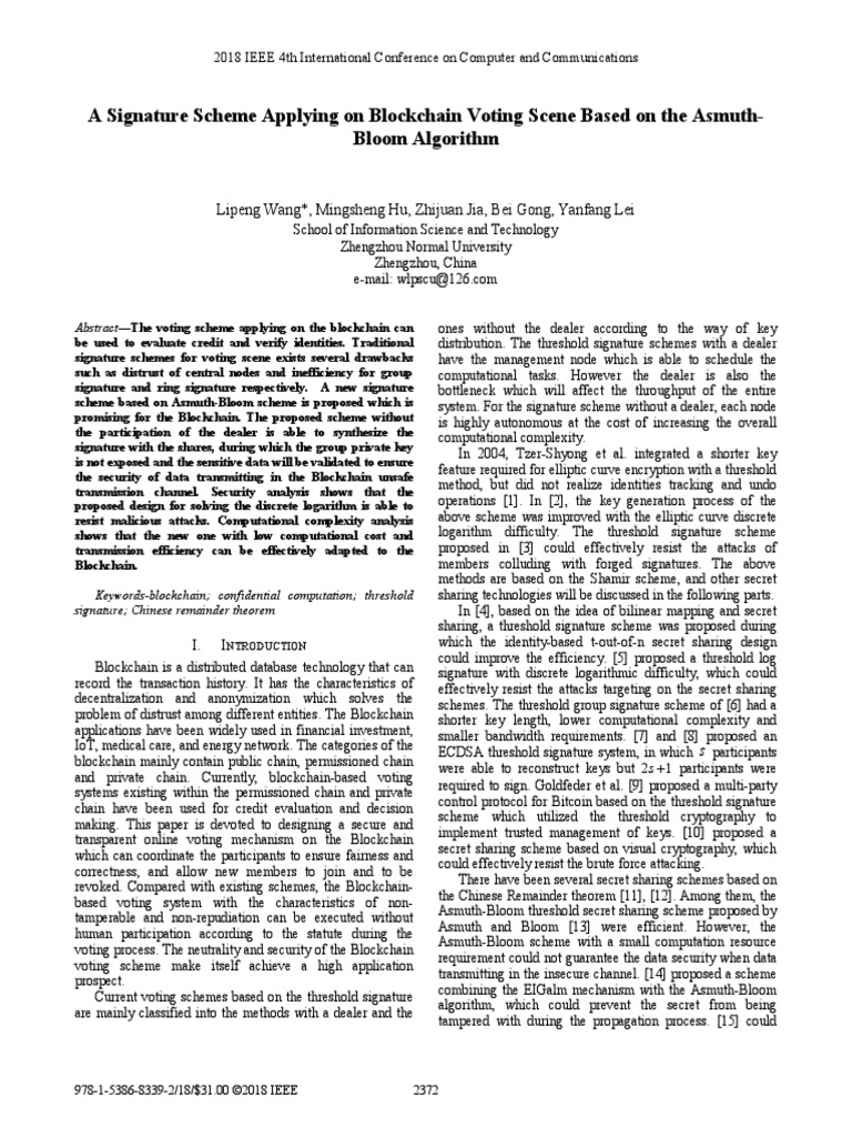 A Signature Scheme Applying On Blockchain Voting Scene Based On The Asmuth-Bloom Algorithm | PDF ...