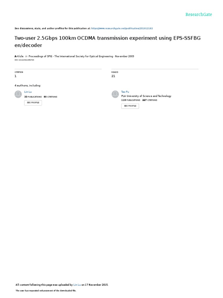 Two-User 2.5Gbps 100km OCDMA Transmission Experiment Using EPS-SSFBG En/decoder | PDF | Optics ...
