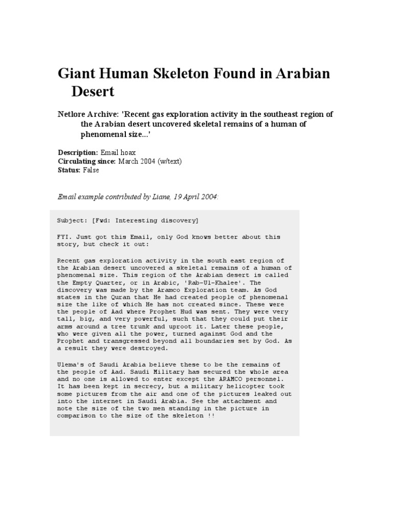 Giant Human Skeleton Found in Arabian Desert | PDF | Arabian Peninsula ...