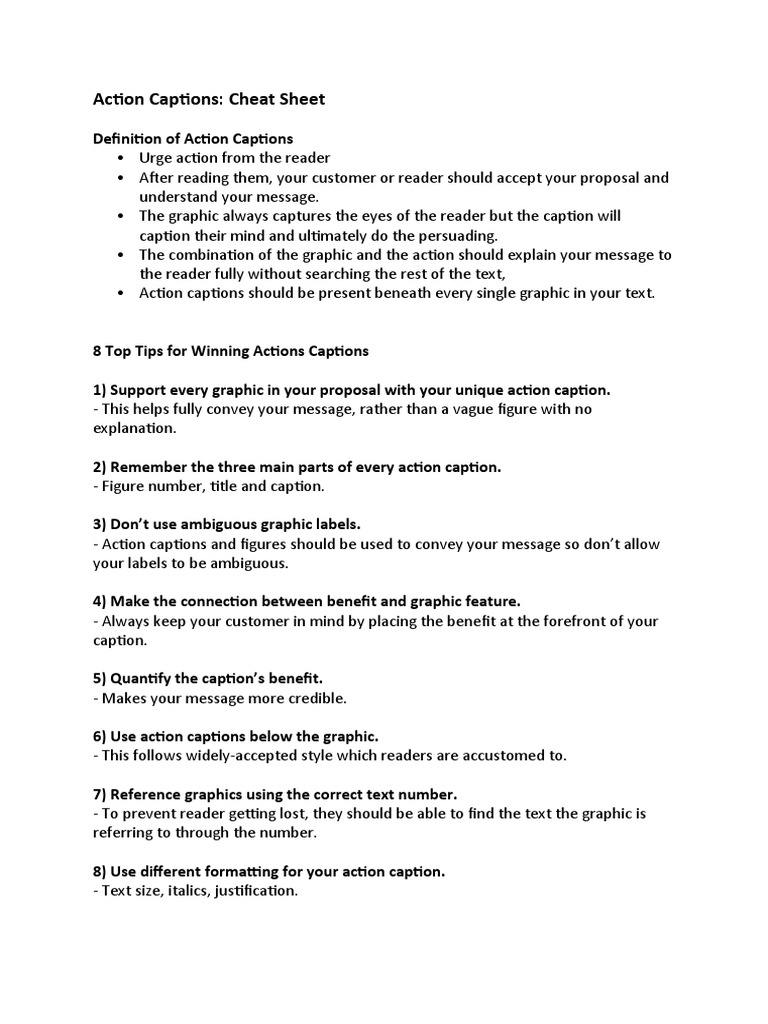 Action Captions Cheat Sheet | PDF
