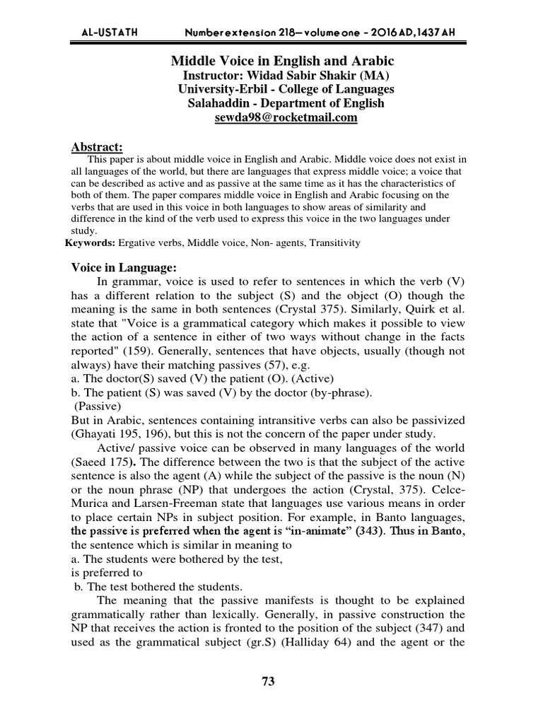 Middle Voice in English and Arabic | PDF | Verb | Subject (Grammar)