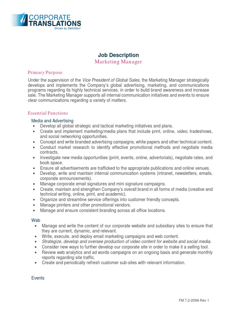 Marketing Manager: Job Description | PDF | Marketing | Advertising