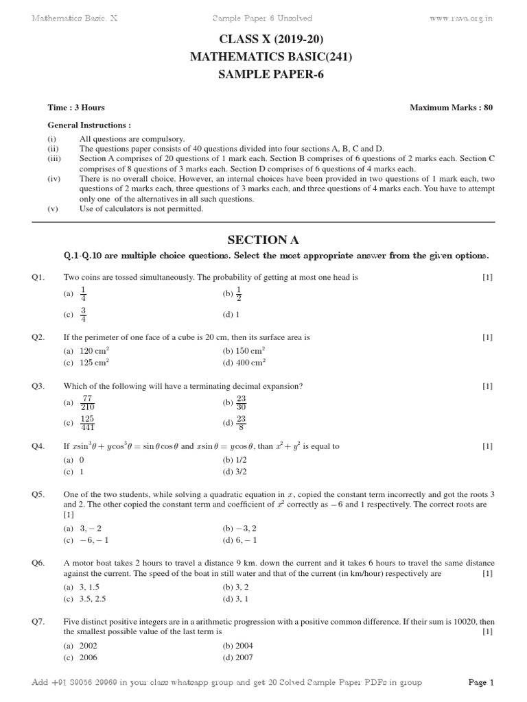 Section A: CLASS X (2019-20) Mathematics Basic (241) Sample Paper-6 ...