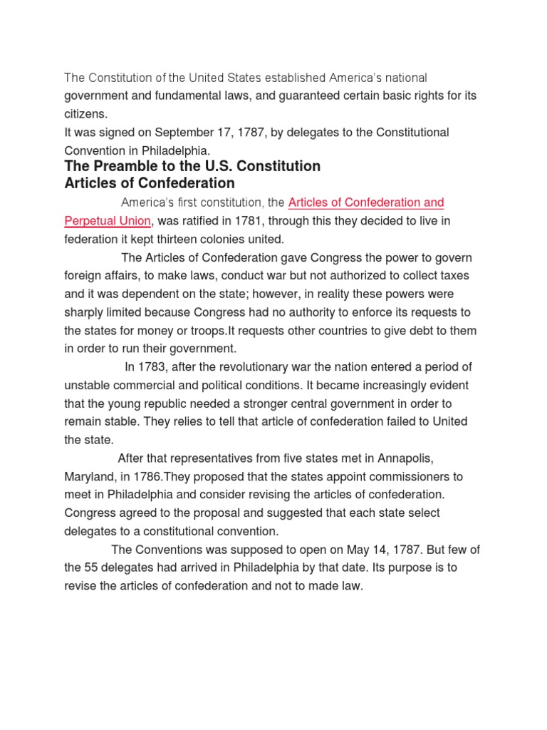 The Preamble To The U.S. Constitution Articles of Confederation | PDF ...