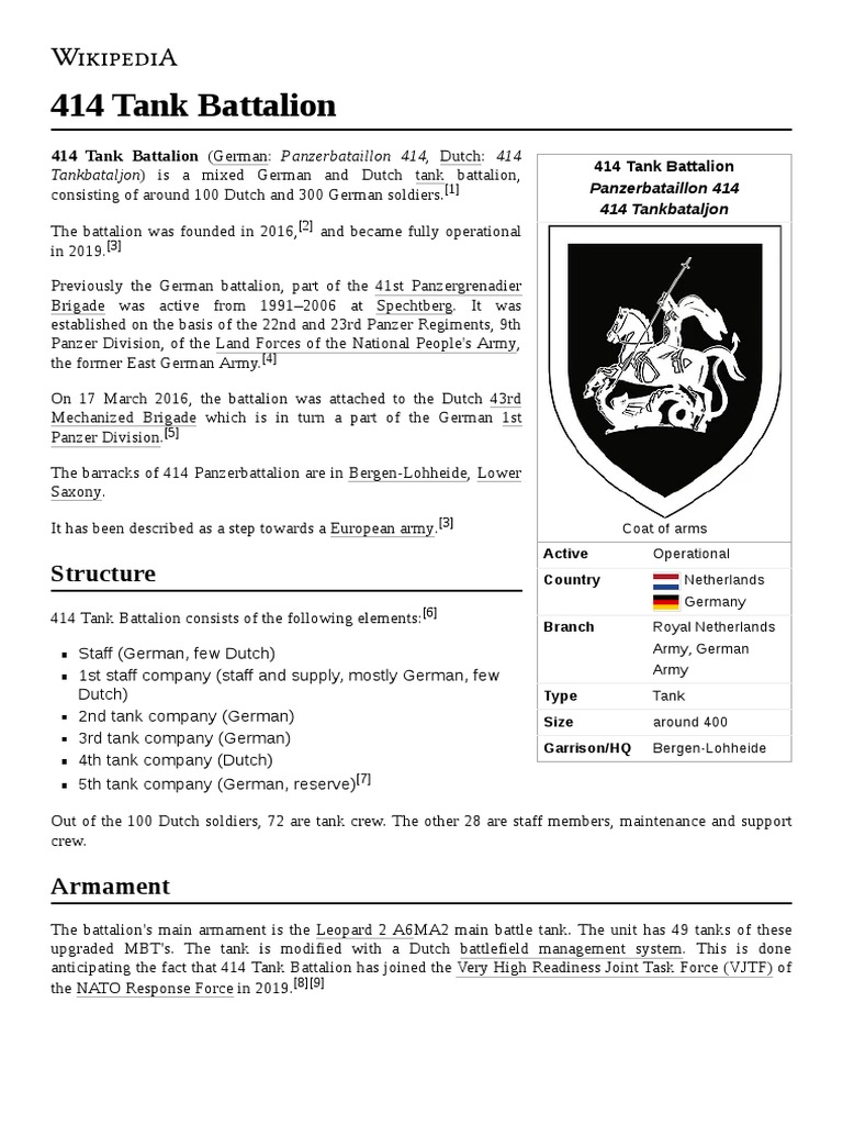 414 Tank Battalion | Download Free PDF | Battalion | Military Of Germany
