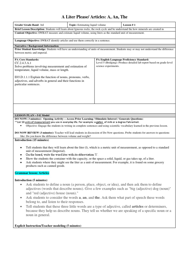 A Liter Please - Lesson Plan - Spagnoli 1 | PDF | Noun | Adjective