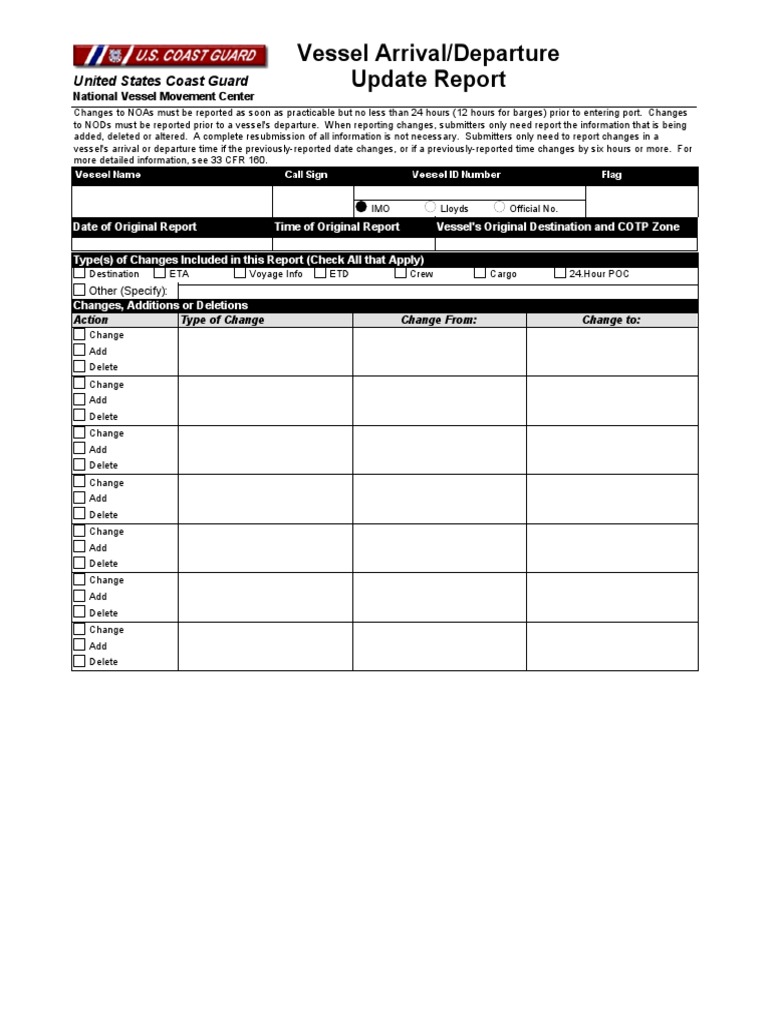 Vessel Arrival/Departure Update Report: United States Coast Guard | PDF