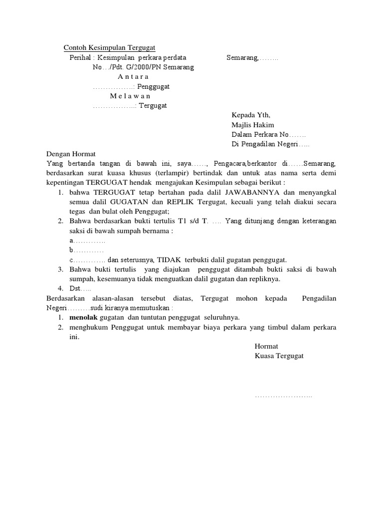 Kesimpulan Tergugat Perdata Semarang | PDF