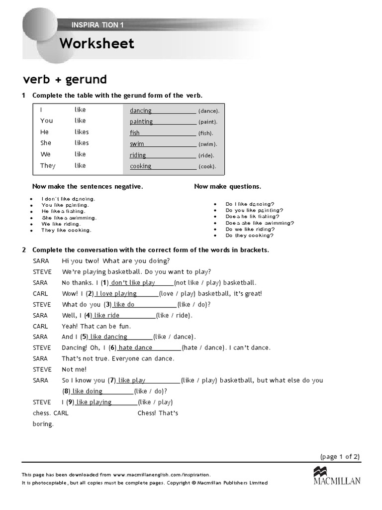 Worksheet 11: Verb + Gerund | PDF | Cognitive Science