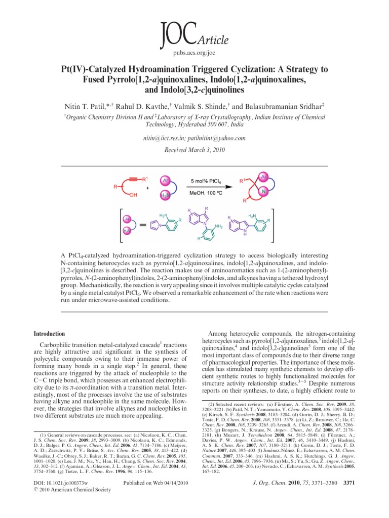 PT (IV) - Catalyzed Hydroamination Triggered Cyclization: A Strategy To Fused Pyrrolo (1,2-A ...