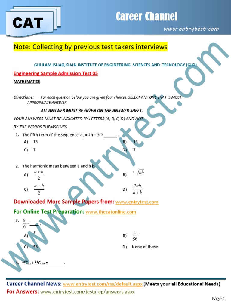 GIKI Engineering Sample Test Questions | PDF | International System Of ...