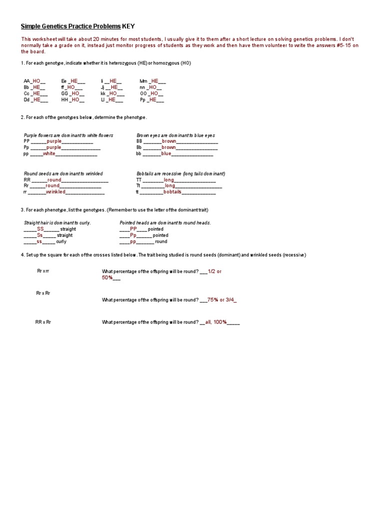 Simple Genetics Practice Problems KEY - A Worksheet for Students to ...