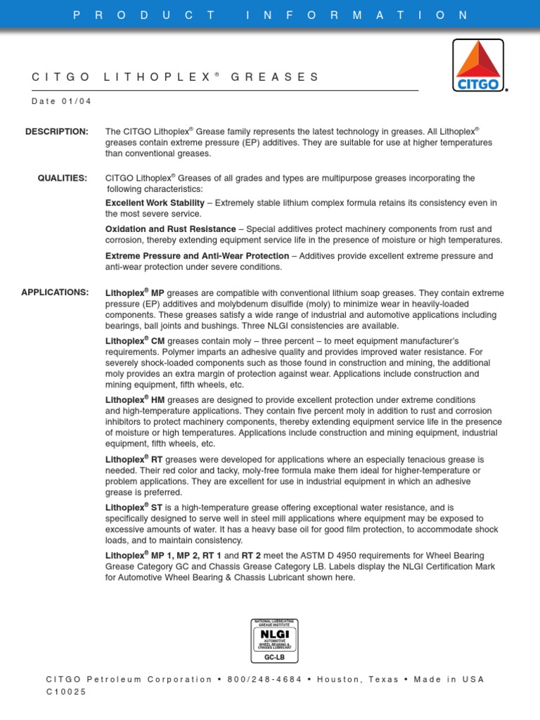 Citgo Lithoplex Greases: D A T e 0 1 / 0 4 | PDF | Bearing (Mechanical ...