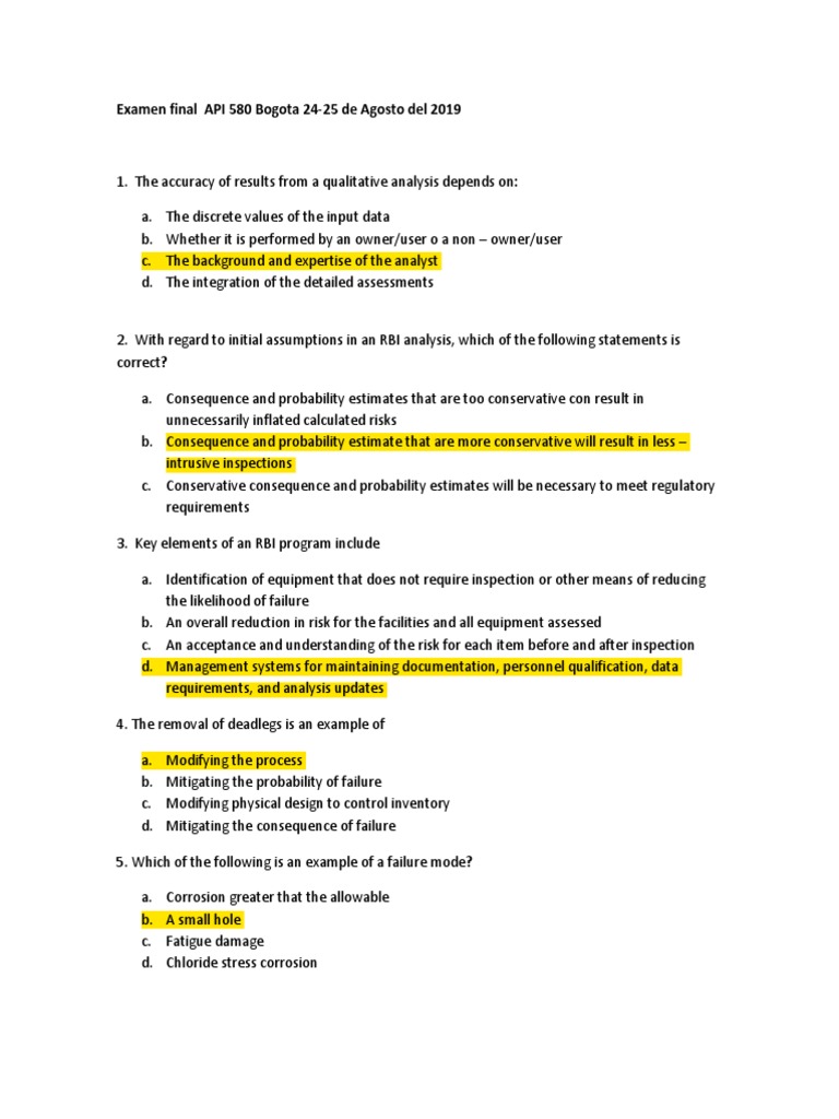 Examen Final 2 API 580 Sin Respuestas PDF | PDF | Risk | Risk Management