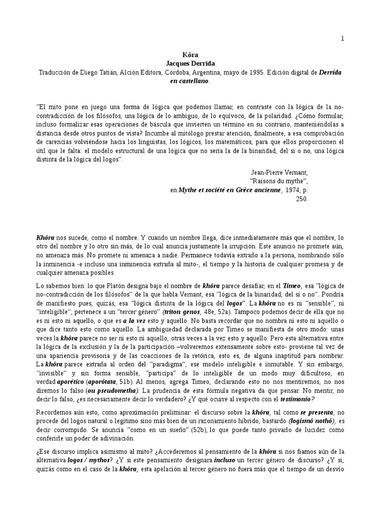 Derrida Khora | PDF | Platón | Georg Wilhelm Friedrich Hegel