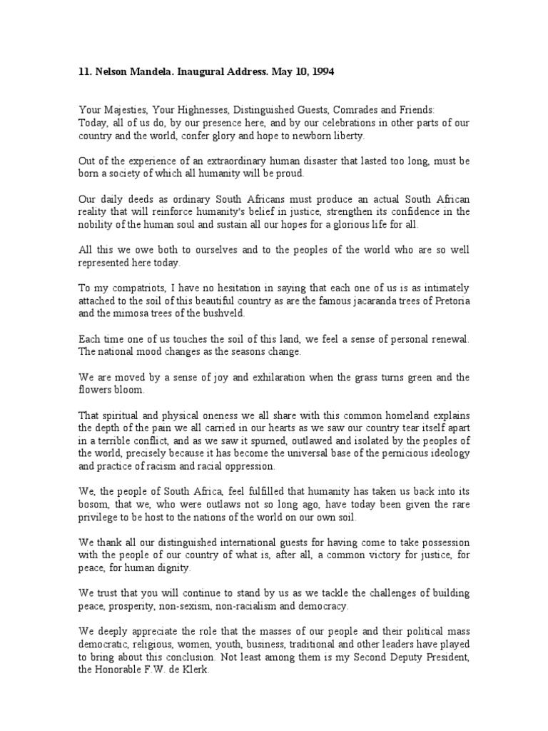 11 1994 Nelson Mandela S Inaugural Address | PDF | Peace