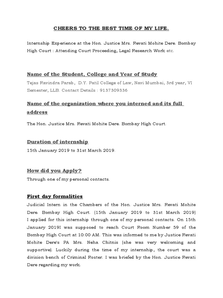 Judicial Internship Experience by Tejas Parab | PDF | Judge | Judgment ...