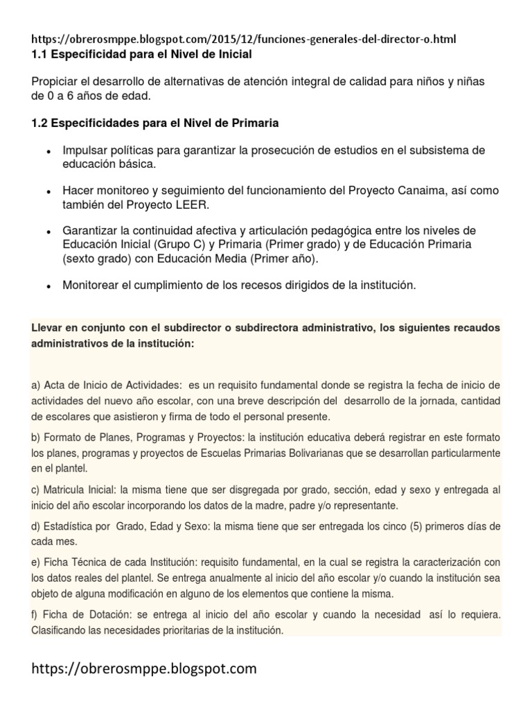 FUNCIONES DEL DIRECTOR O DIRECTORA Nivel de Inicial y para El Nivel de ...