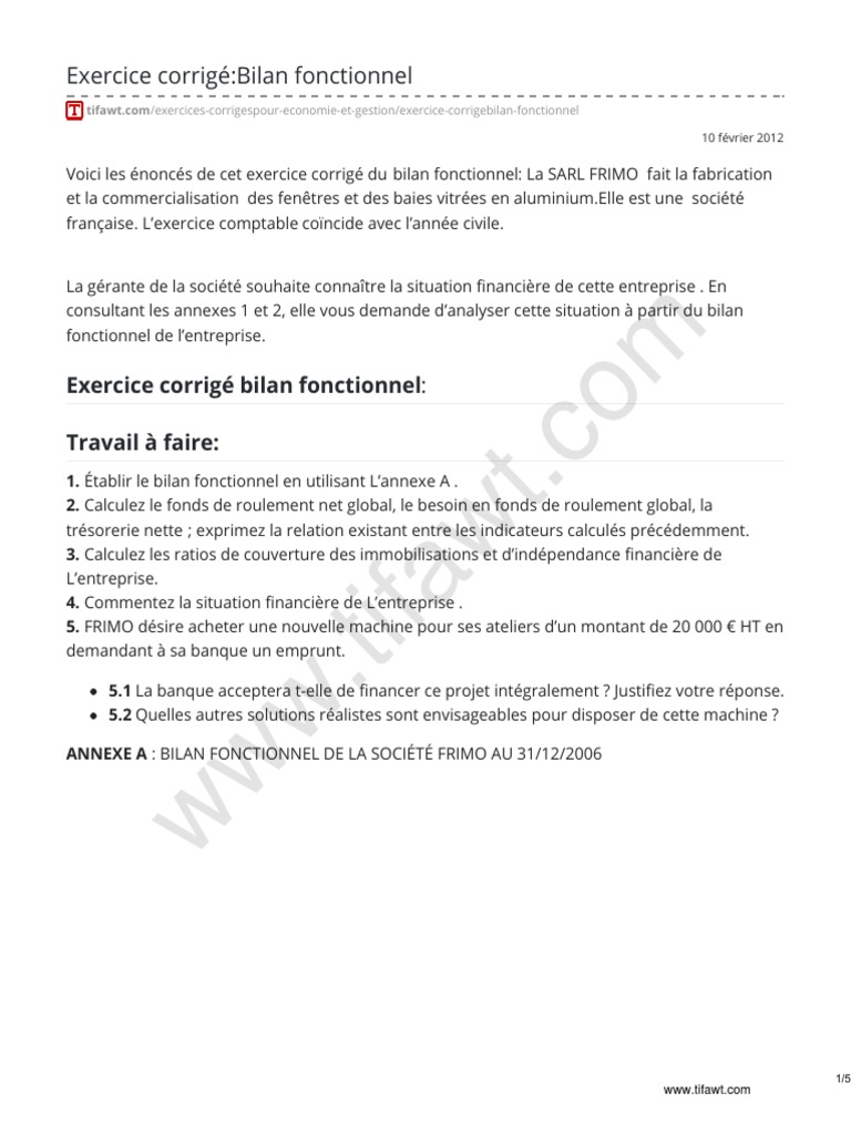 Exercice Corrige Bilan Fonctionnel | PDF | Ratio financier | Bilan comptable
