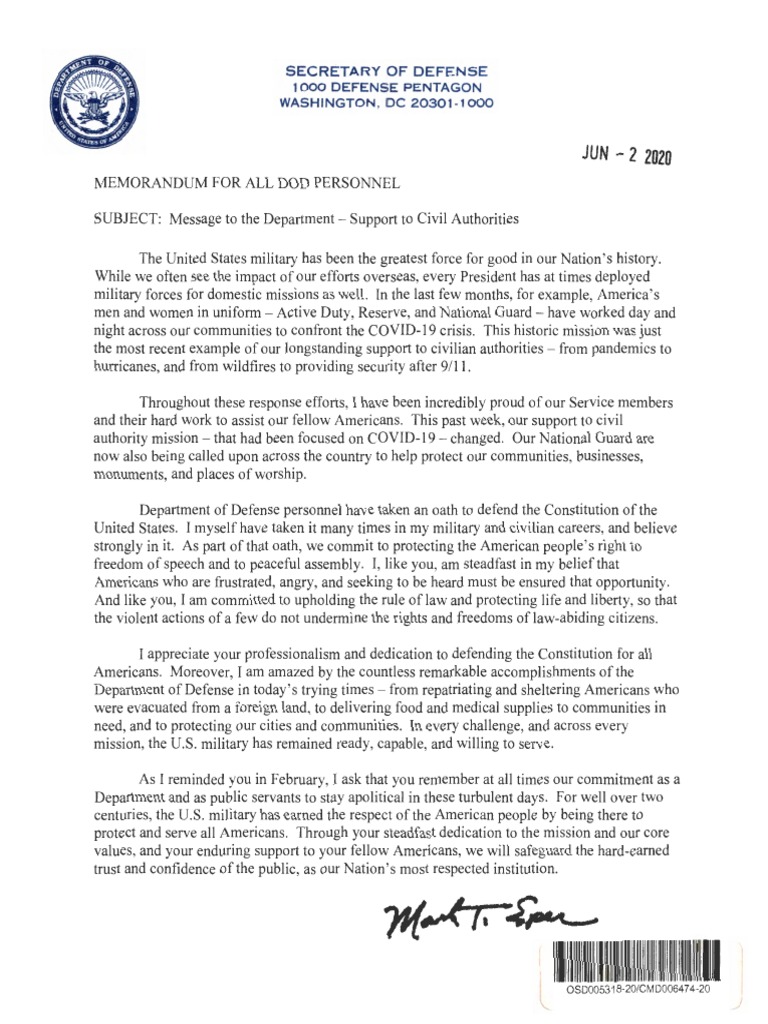 Defense Secretary Mark Esper Message to the Force | United States ...