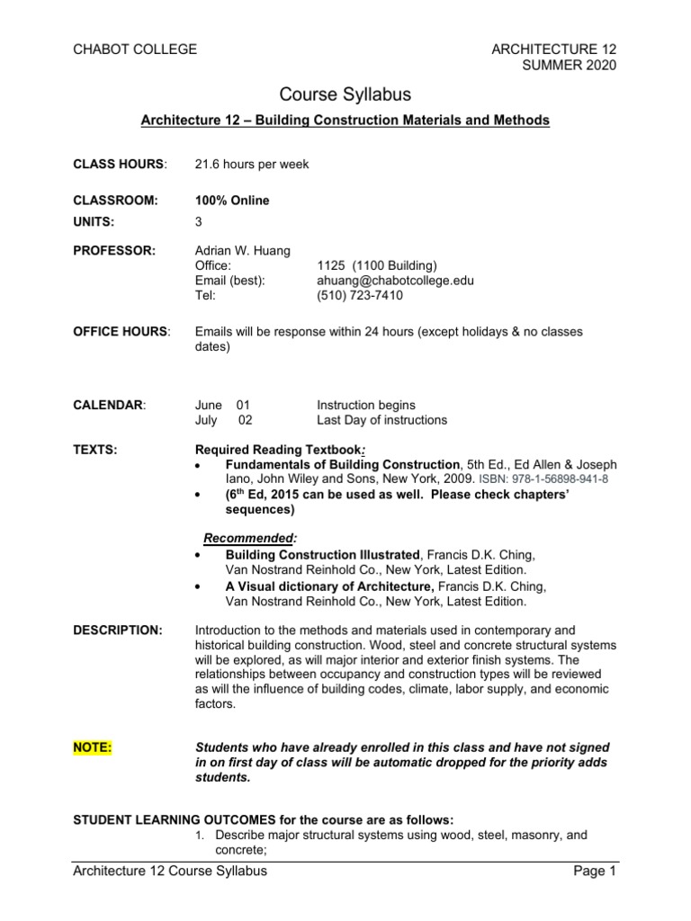 Course Syllabus: Architecture 12 - Building Construction Materials and ...