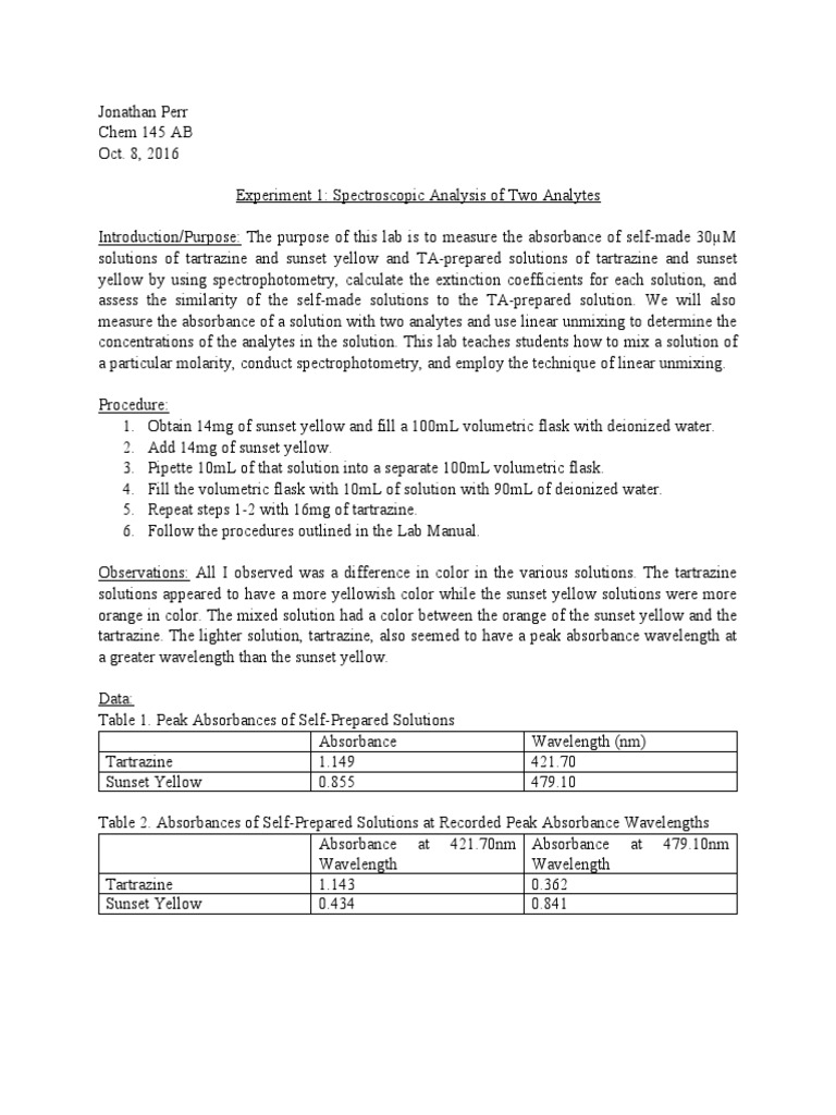 Lab Experiment 1 Chem 145 | PDF | Absorbance | Spectrophotometry