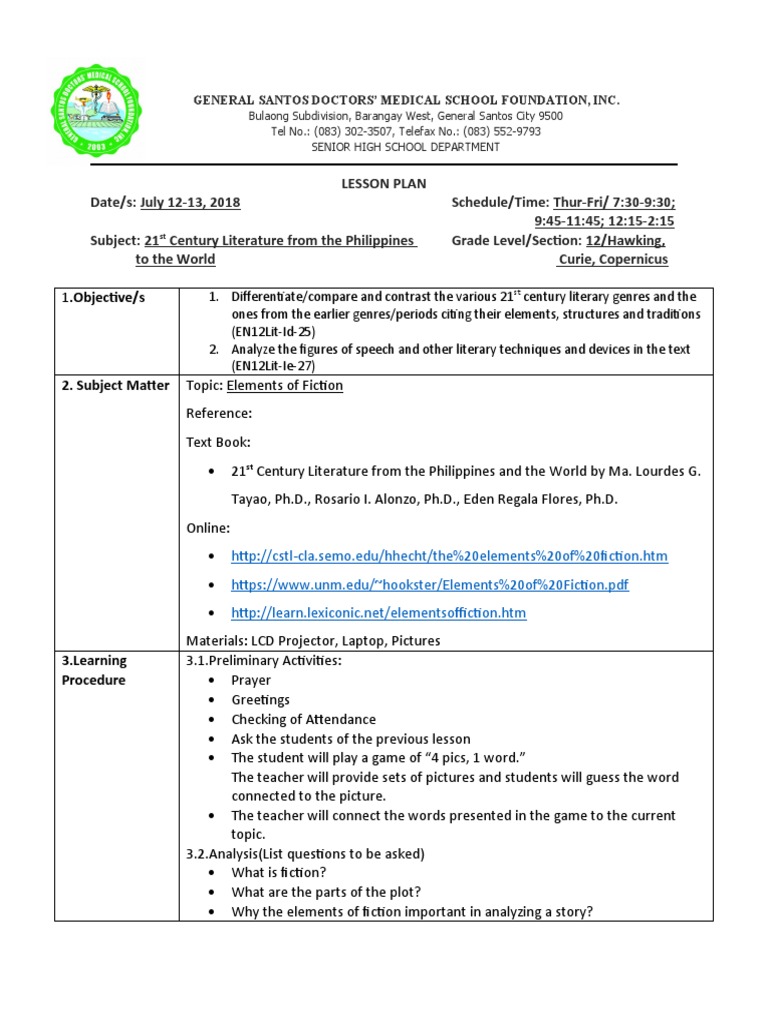 General Santos Doctors Medical School Literature Lesson | PDF | Lesson ...