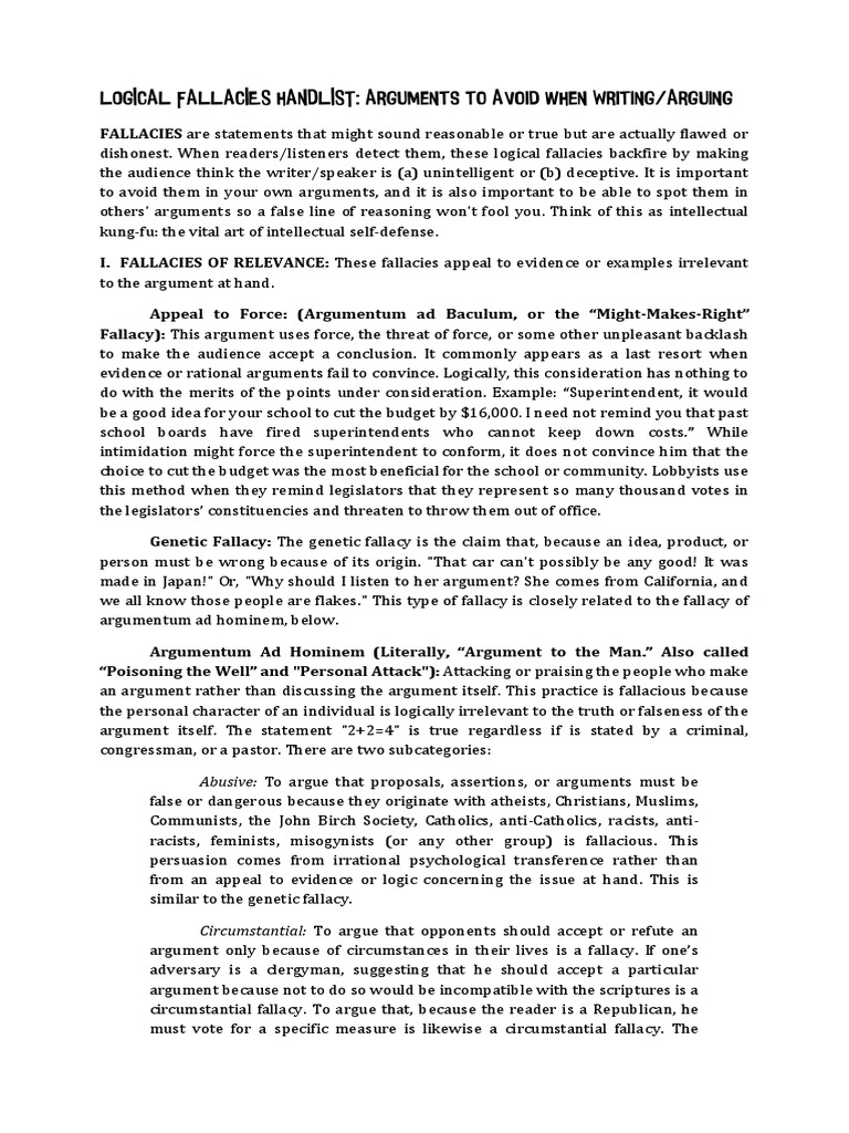 LOGICAL FALLACIES HANDLIST: Arguments To Avoid When Writing/Arguing ...