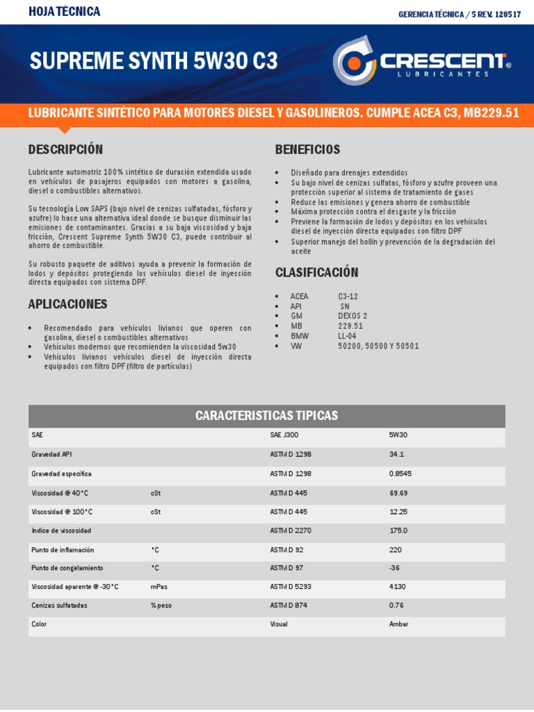 Crescent Supreme Synth 5W30 C3 | PDF | Combustible diesel | Lubricante