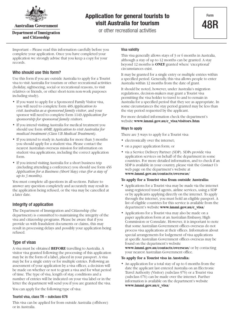 Australia Tourist Visa Application Form | PDF | Travel Visa | Passport