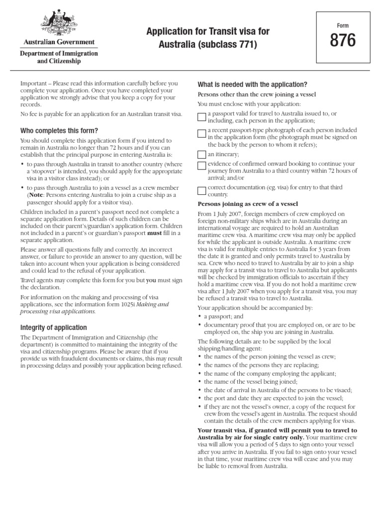 Transit Visa (876) Form | Download Free PDF | Travel Visa | Passport