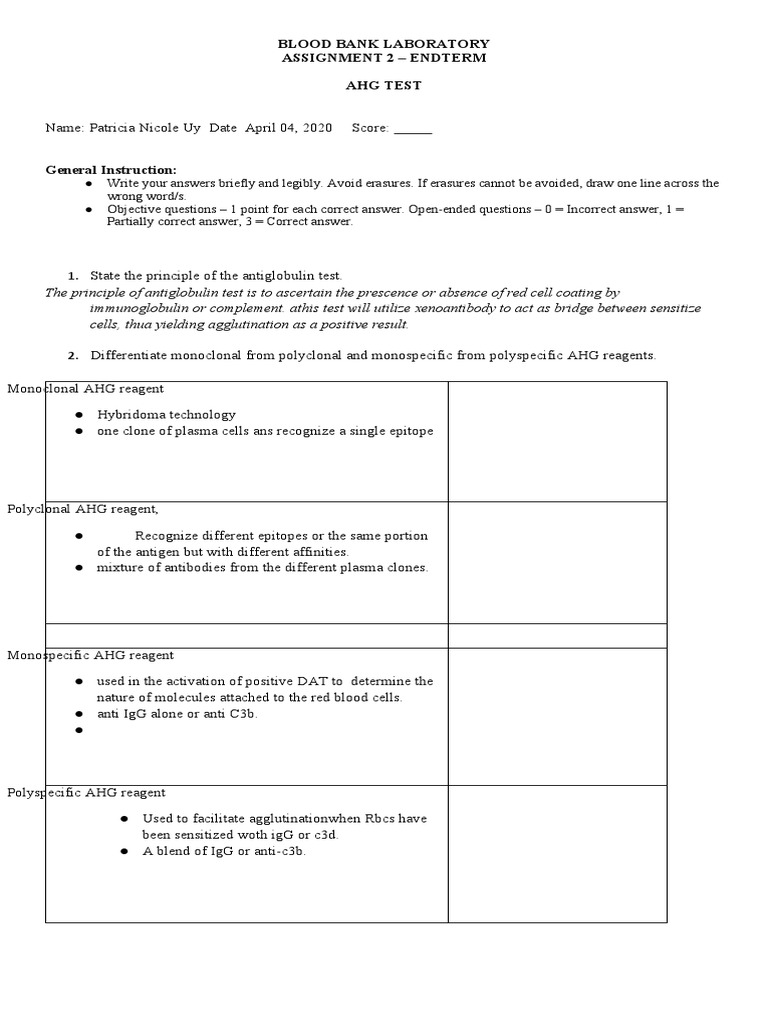 Blood Bank Laboratory Assignment 2 - Endterm Ahg Test | PDF | Serology ...