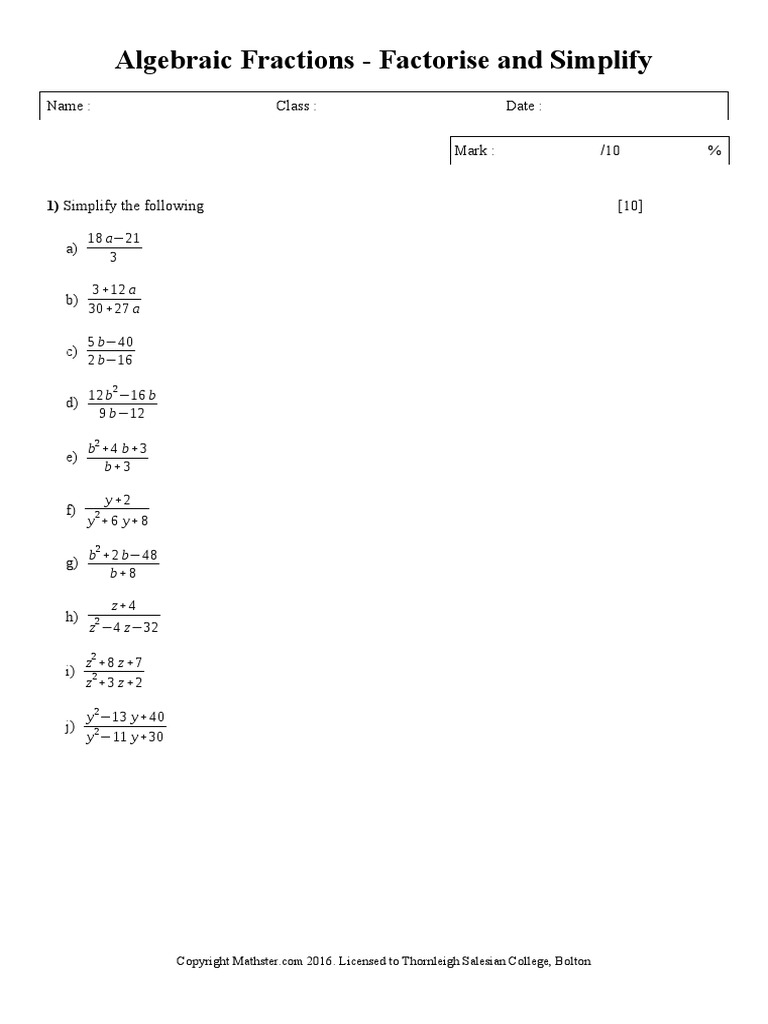 Algebraic Fractions - Factorise and Simplify - 1 | PDF