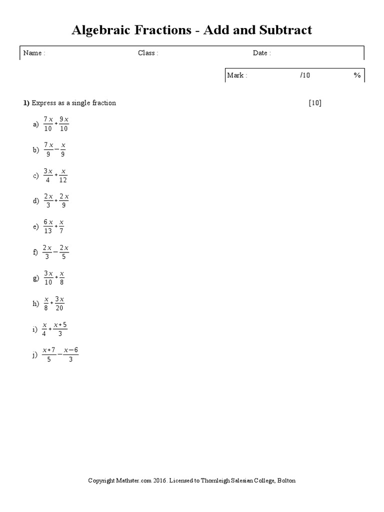 Algebraic Fractions - Add and Subtract - 2 | PDF