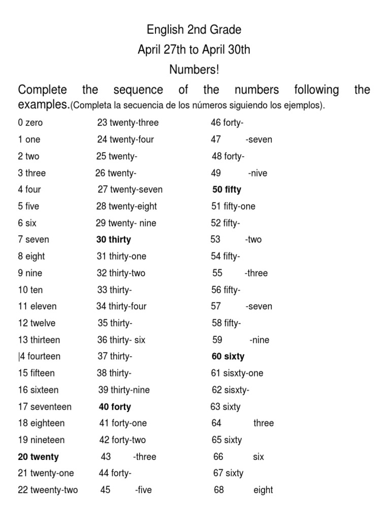 English 2nd Grade April 27th To April 30th Numbers! Complete The ...