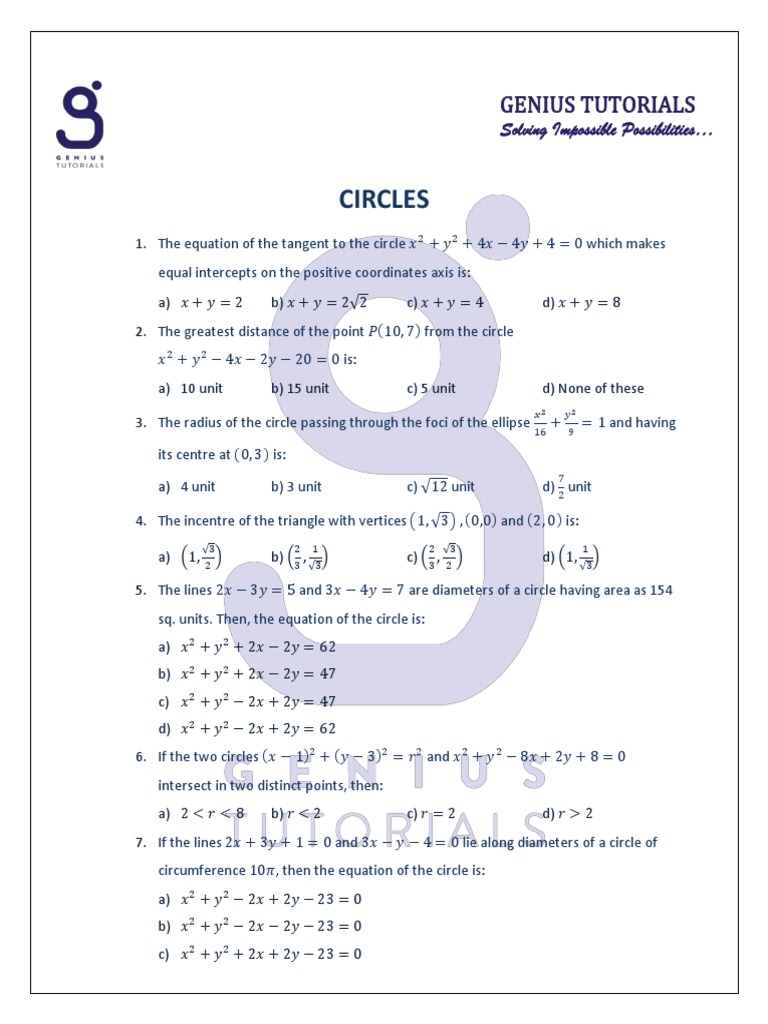 CIRCLES Practice Sums With Key PDF | PDF | Circle | Ellipse