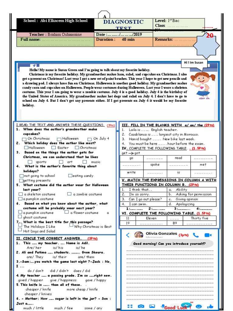 1st Bac Diagnostic Test on Holidays | PDF | Home & Garden | Art