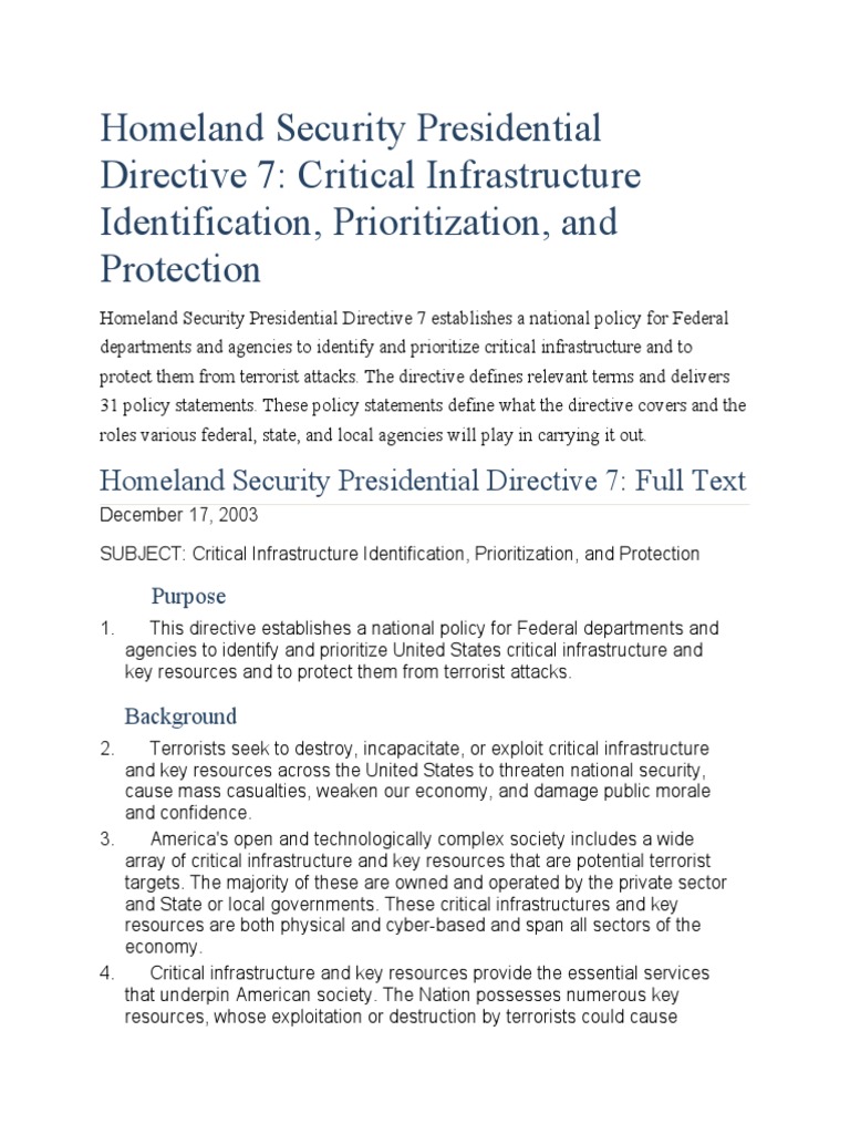 Homeland Security Presidential Directive 7 | PDF | Infrastructure ...