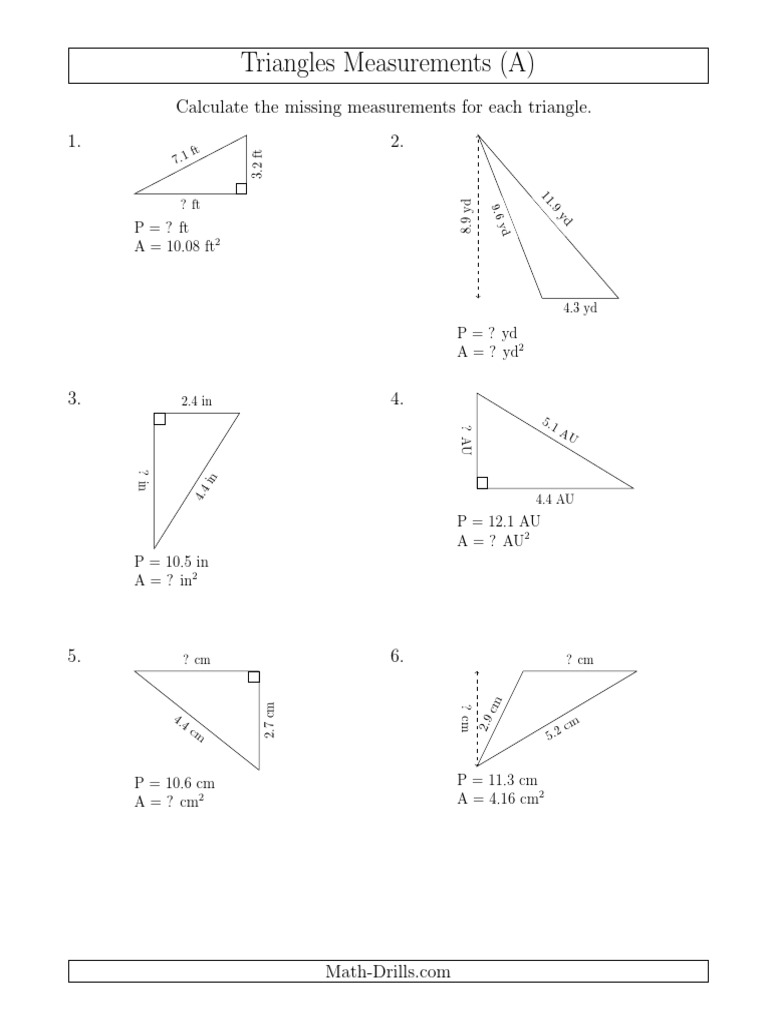 Triangles Measurements (A) : Calculate The Missing Measurements For ...