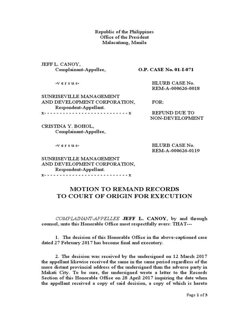 Motion For Execution-Demolition | PDF | Appeal | Common Law