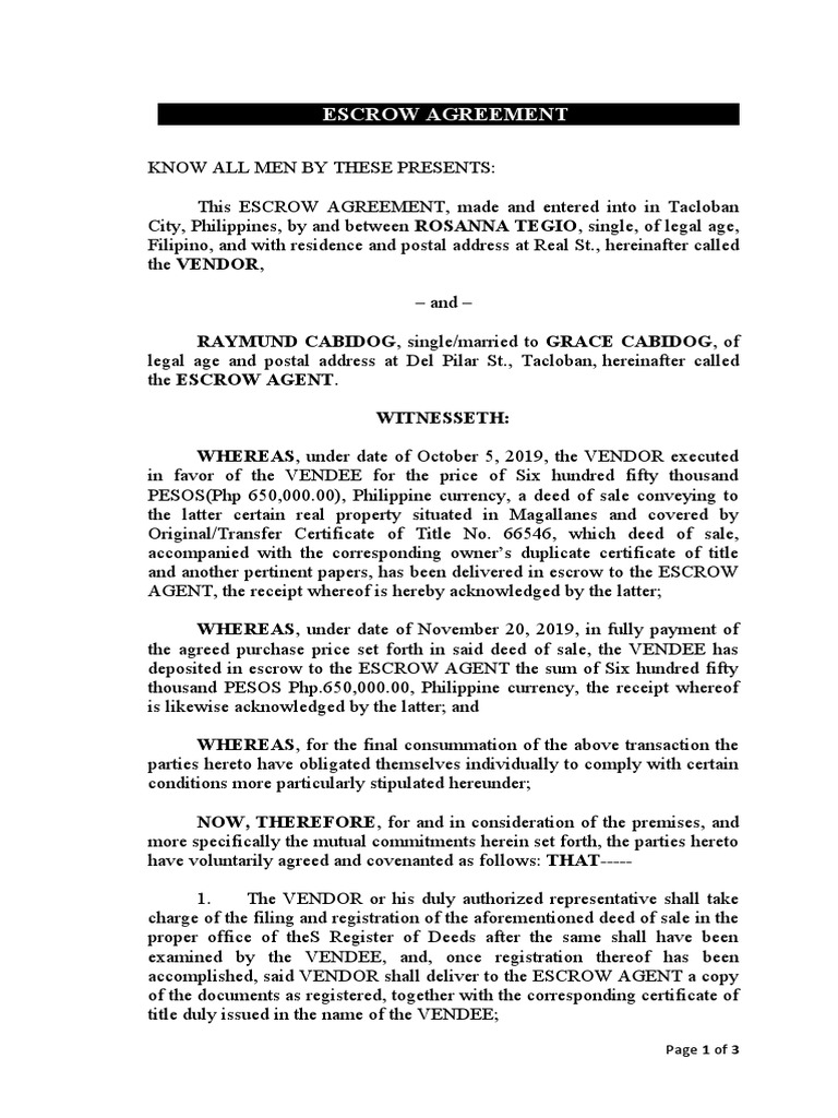 Escrow Agreement: Page 1 of 3 | Download Free PDF | Deed | Property Law