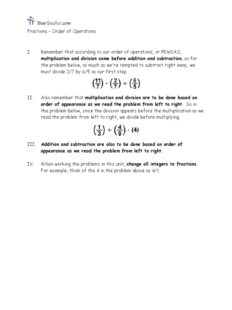 8 Fractions - Order of Operations | PDF | Multiplication | Fraction ...