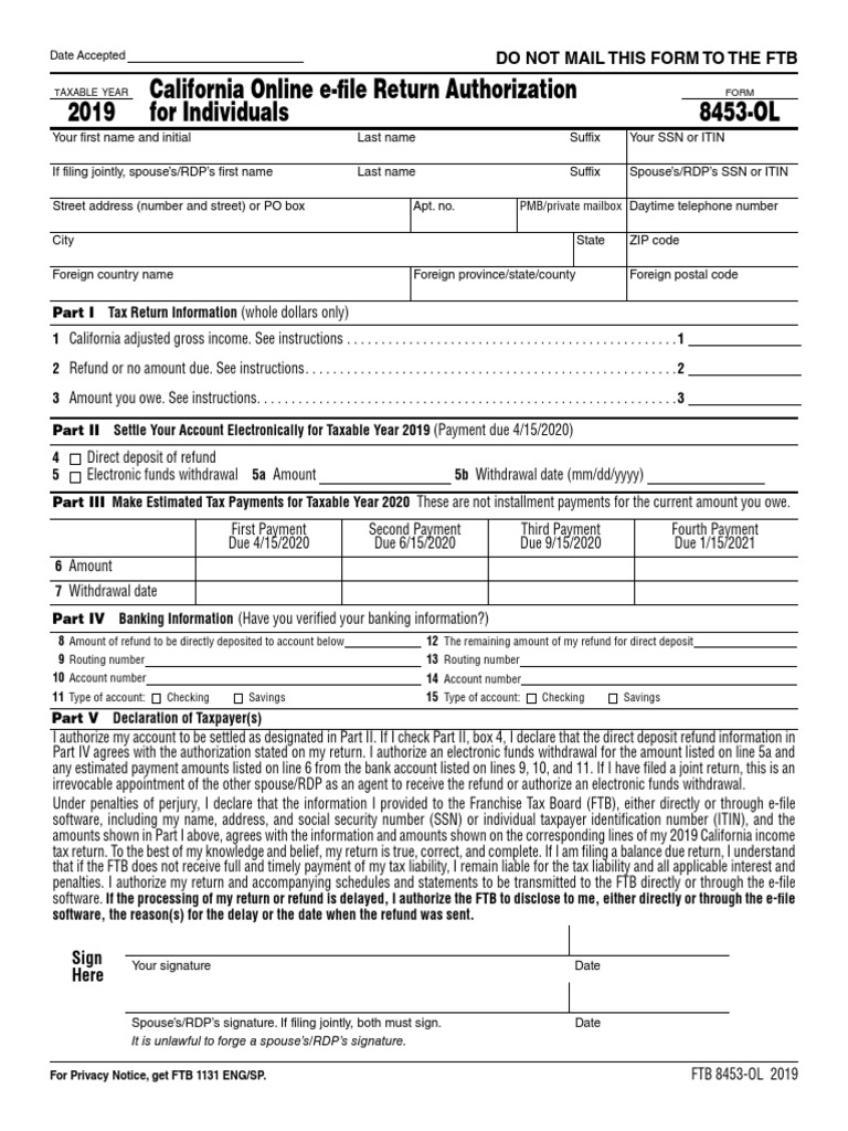 California Online E-File Return Authorization For Individuals 8453-OL ...