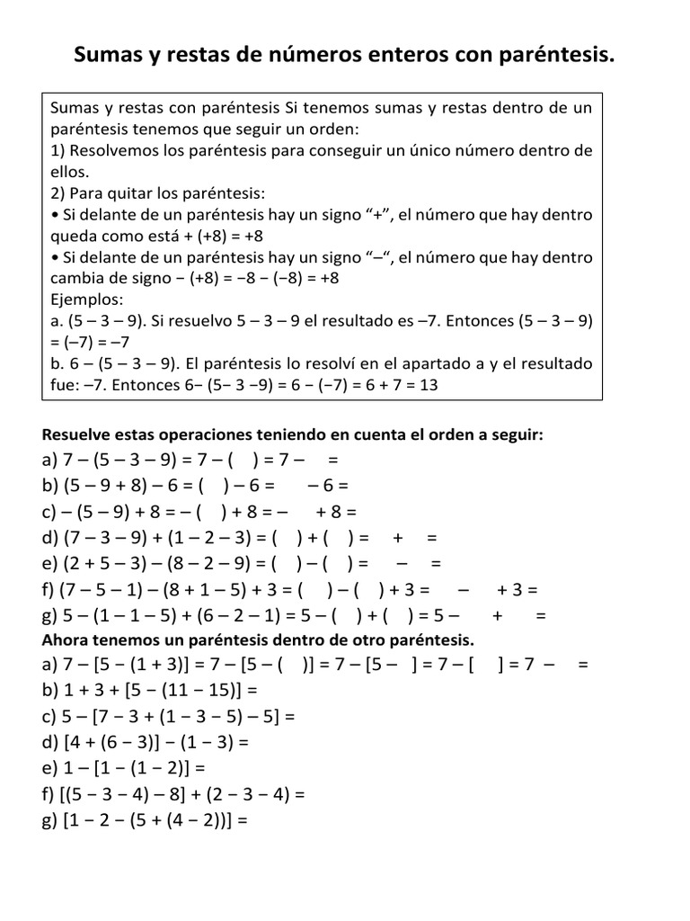 Sumas y Restas de Números Enteros Con Paréntesis | PDF
