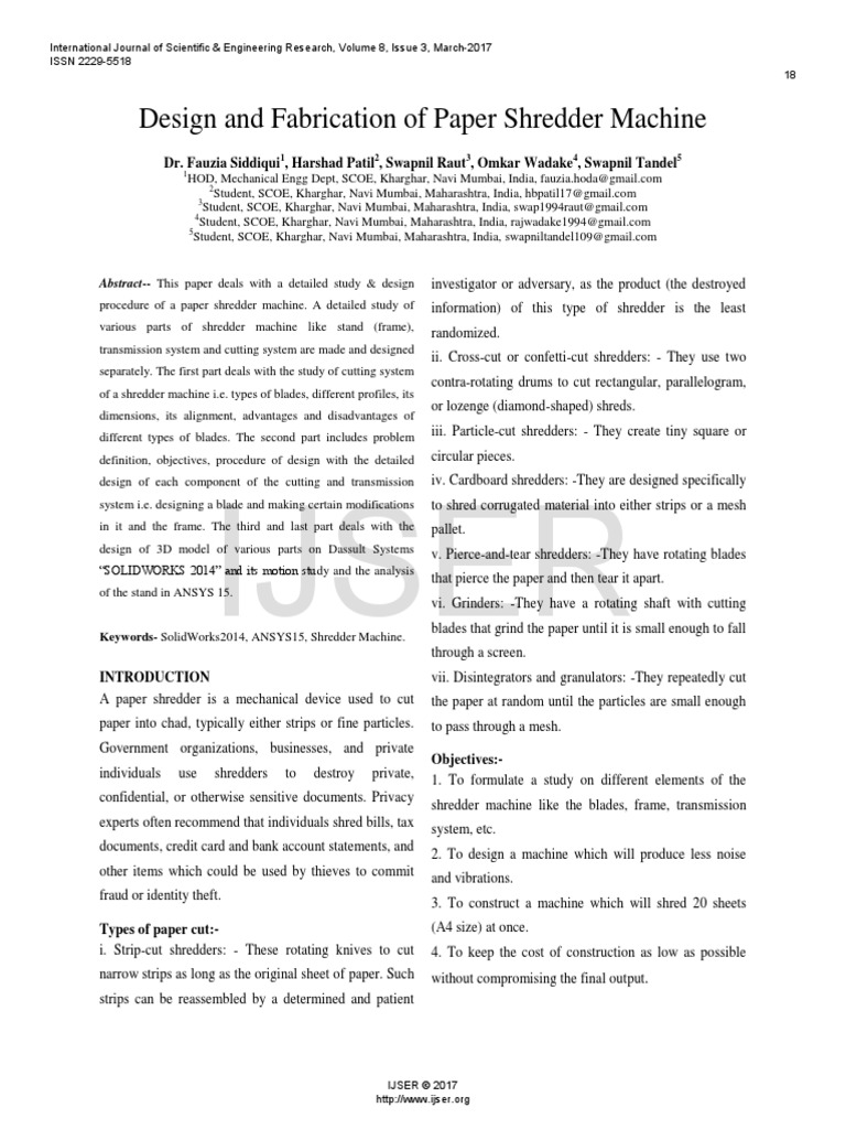 Ijser: Design and Fabrication of Paper Shredder Machine | PDF | Gear ...