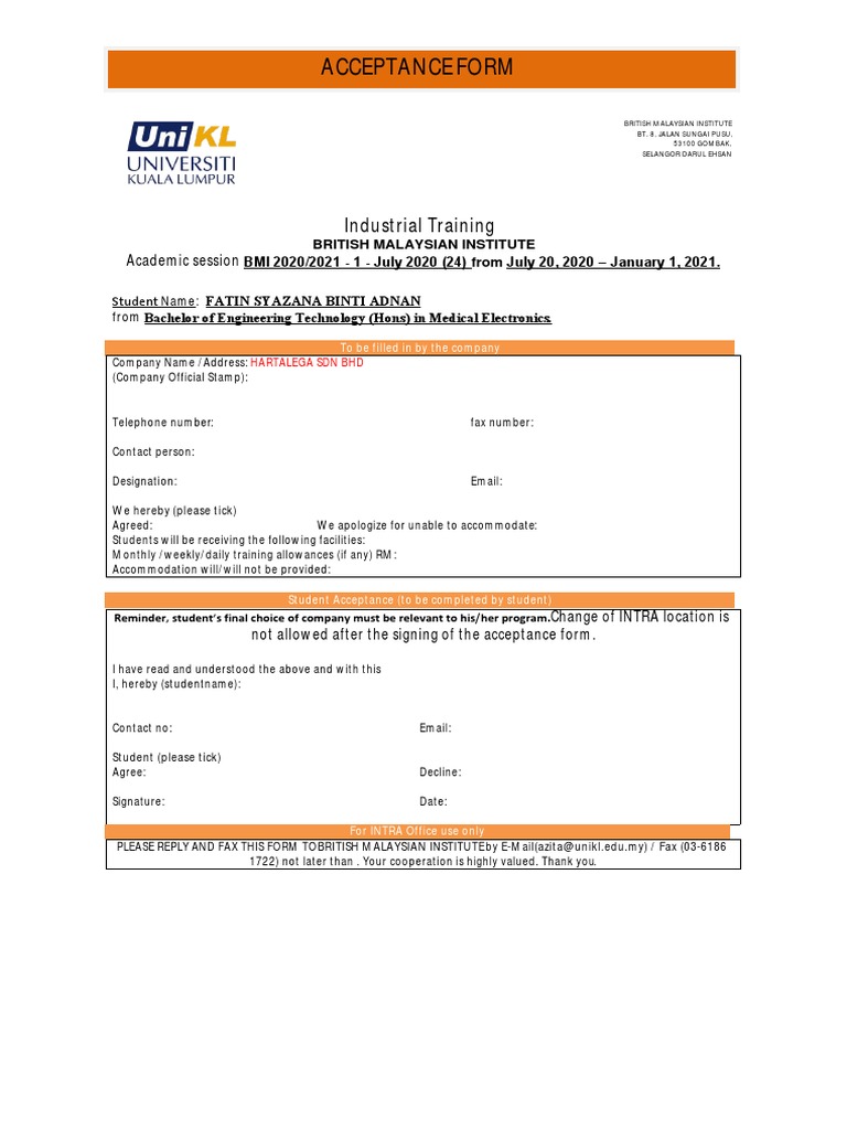 Industrial Training Acceptance Form | PDF